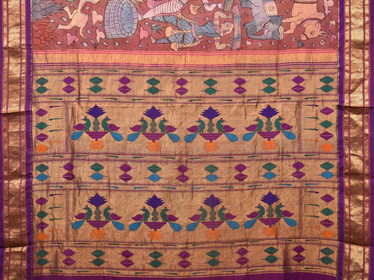 Buy Rust and Purple Kalamkari Hand Painted Paithani Silk Handloom Saree with Village Theme ...