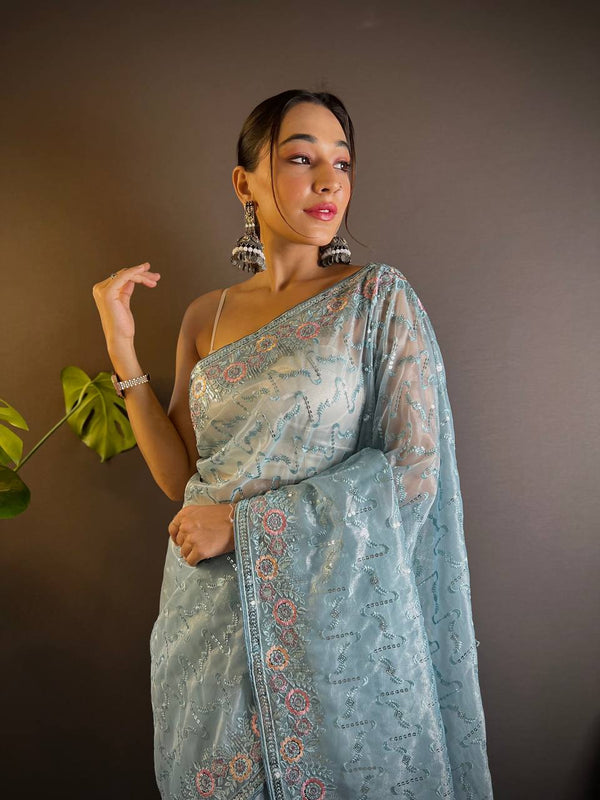 Buy Teeya Creation Sky Color Twill Net Heavy Work Saree Online at Best ...