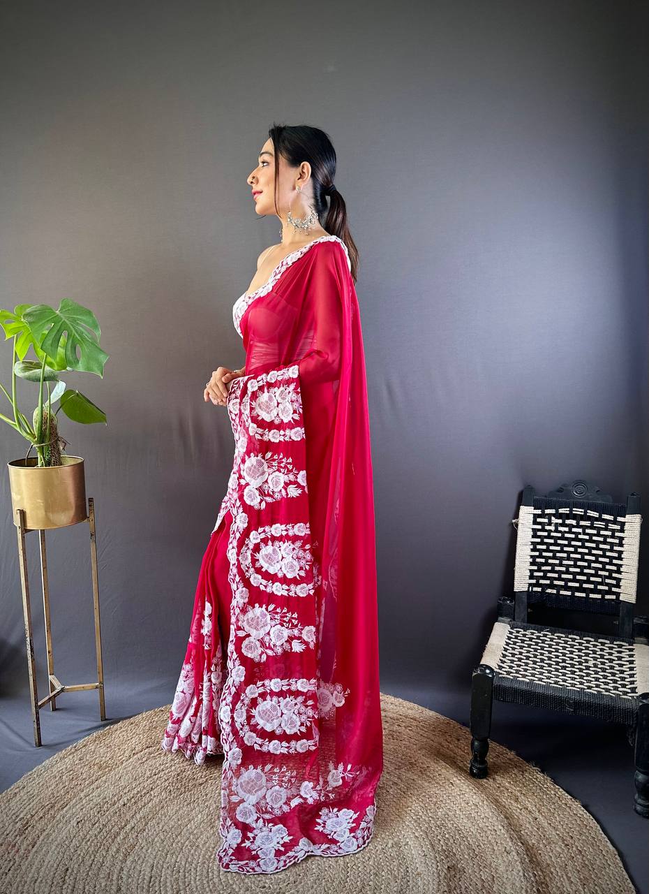 Buy Teeya Creation Red Color Thai Organza Silk Embroidery Work Saree ...