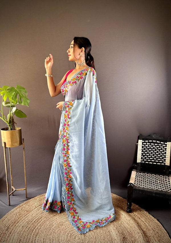 Buy Teeya Creation Sky Color Gold Crush Embroidery Work Saree Online at ...