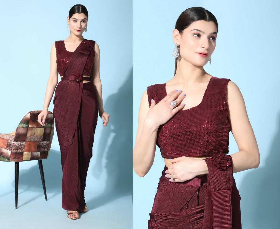 Buy Maroon Imported Crush Lycra Texture Pattern Ready to Wear Saree ...
