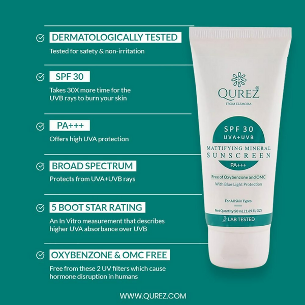 Buy Qurez Mattifying Mineral Sunscreen SPF 30 PA+++ with Blue Light ...