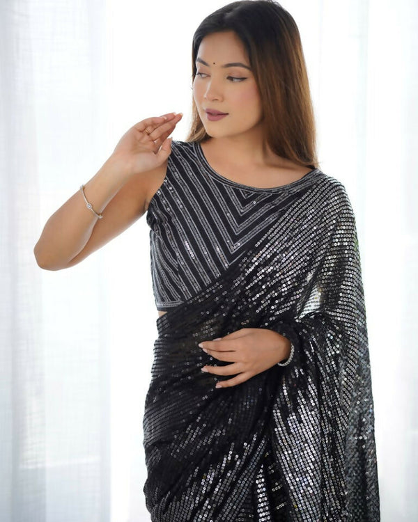 Buy Black Georgette Designer Sequence Embroidery Work Saree - Radhe ...