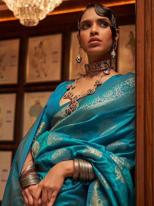 Buy Mitera Blue & Gold-Toned Woven Design Zari Silk Blend Banarasi ...