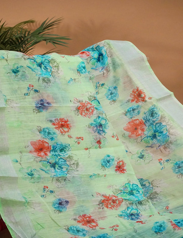 description pastel green and blue digital prin semi chanderi saree by ...