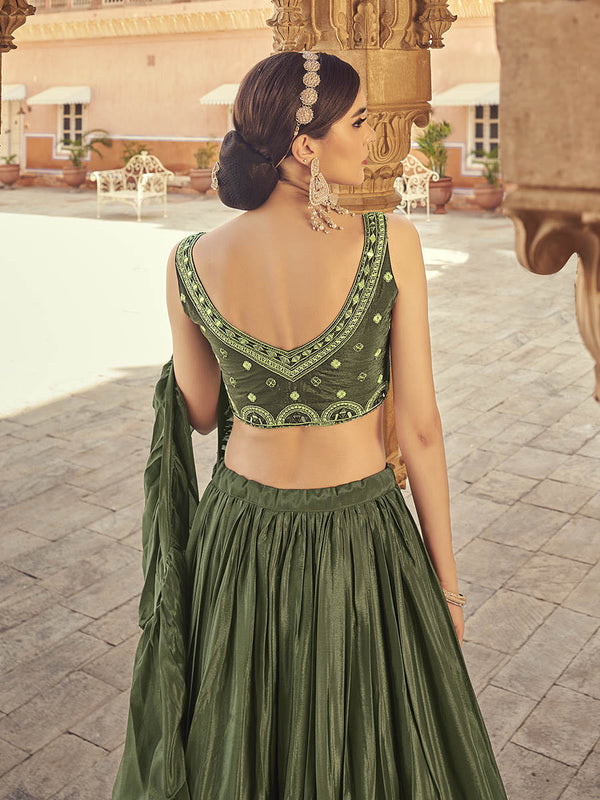 Buy Myra Olive Chinon & Art SIlk Embroidered Designer Lehenga Choli ...