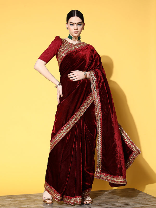 Buy Mitera Solid Saree with Embroidered border Online At Low Price