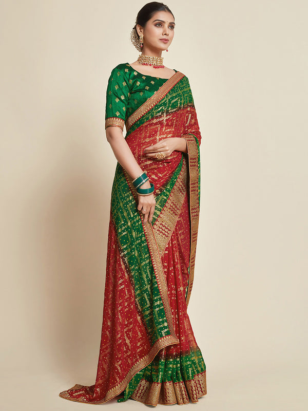 Buy Sangria Red & Green Woven Design Zari Poly Georgette Bandhani Saree Online at Best Price ...