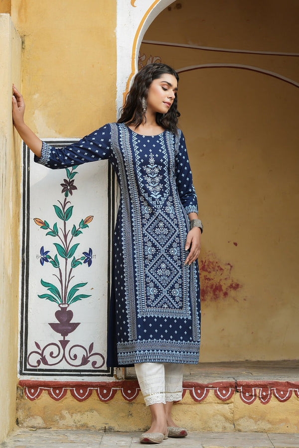 Buy Juniper Women's Indigo Rayon Staple Straight Placement Print Kurta ...