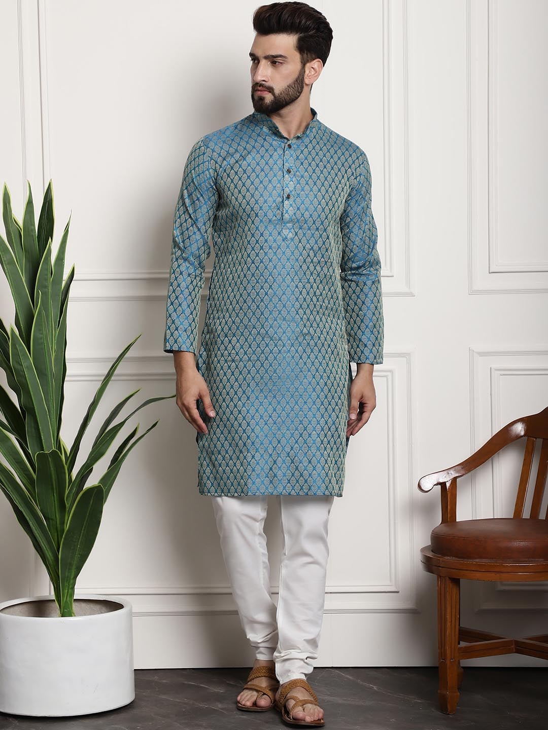 Buy Sojanya Men Blue Ethnic Motifs Kurta with Pyjamas & Nehru Jacket ...