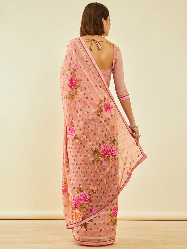Buy Soch Peach-Coloured Floral Printed Beads and Stones Saree Online at ...