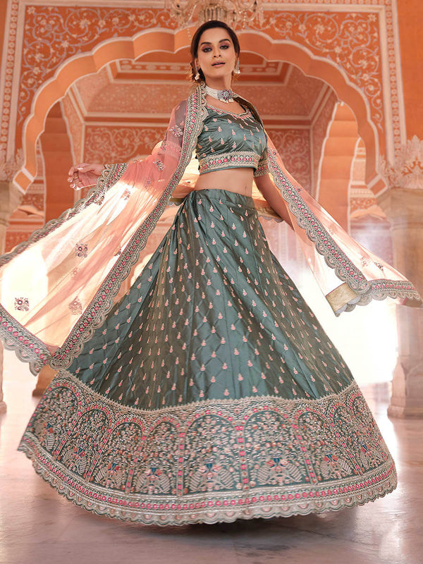 Buy Myra Rama Green Embroidered Designer Lehenga Choli Online At Low Price