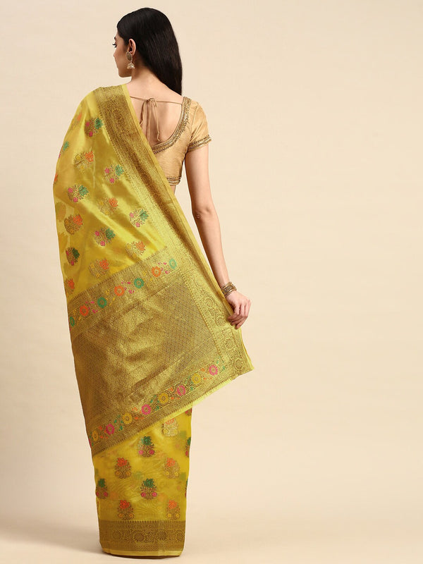 Buy Mitera Yellow & Beige Floral Zari Organza Kanjeevaram Saree Online ...
