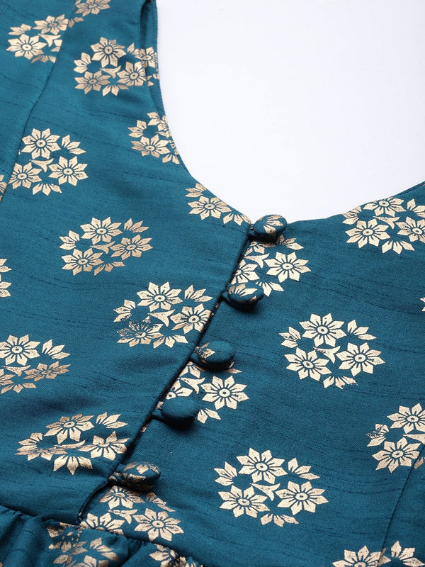 Description Sangria Women Teal Blue Golden Ethnic Motifs Printed A Line