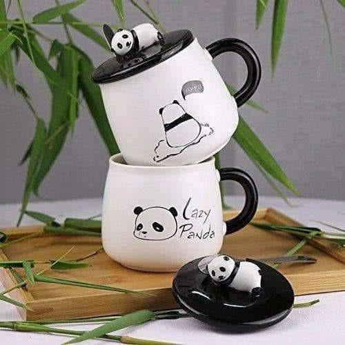 Panda Ceramic Mug with Ceramic Lid and Spoon(Random Design)-300 ML (Pa