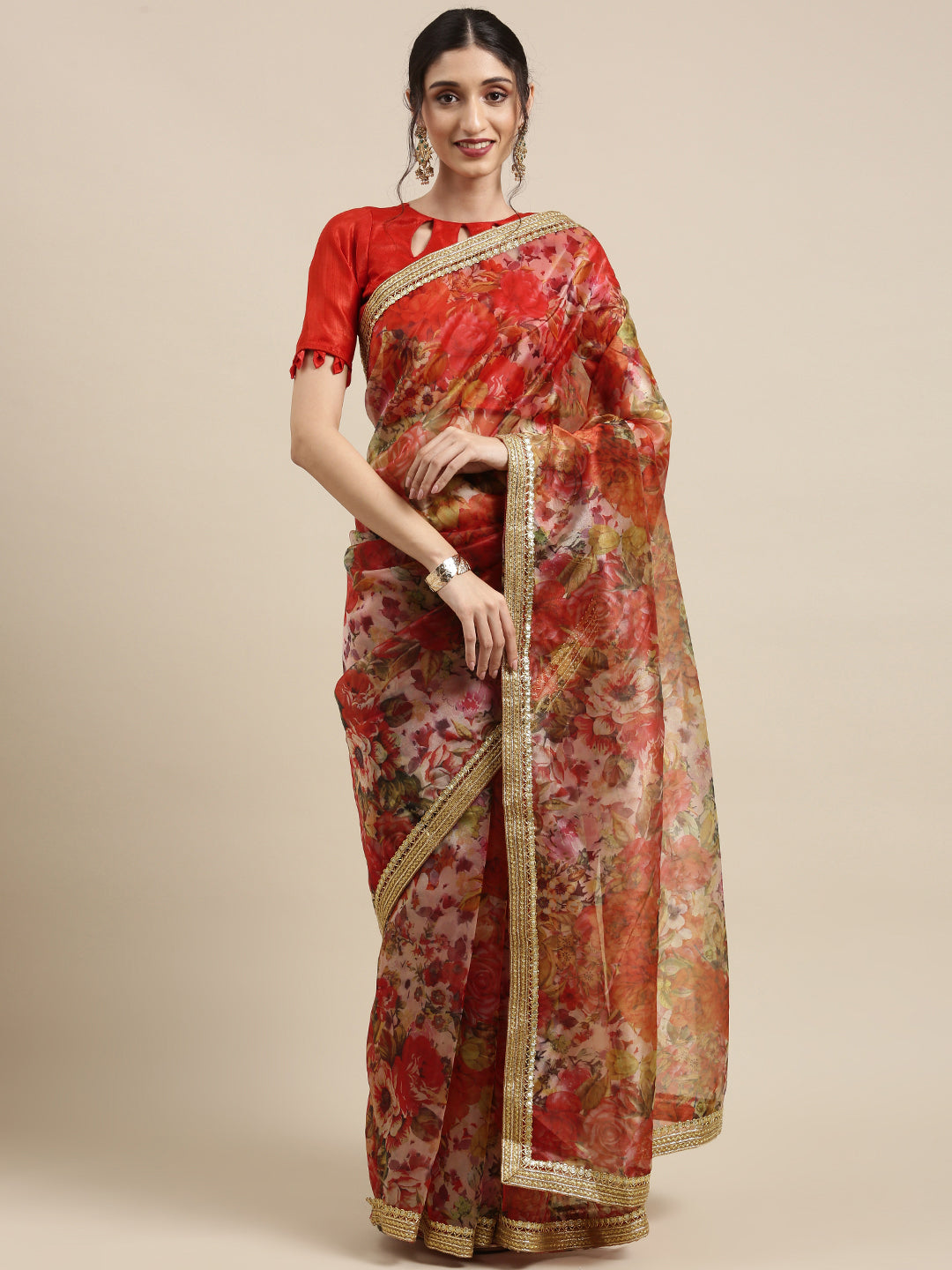 Buy Tikhi Imli Red Floral Organza Saree Online at Best Price | Distacart