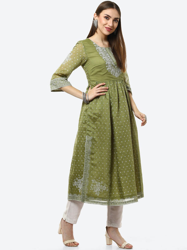 Biba Women Green Ethnic Motifs Printed Flared Sleeves Thread Work