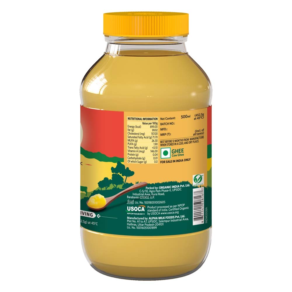 Organic India Organic Cow Ghee 500 ml Bottle | 100% Gir Cow Ghee | Ved