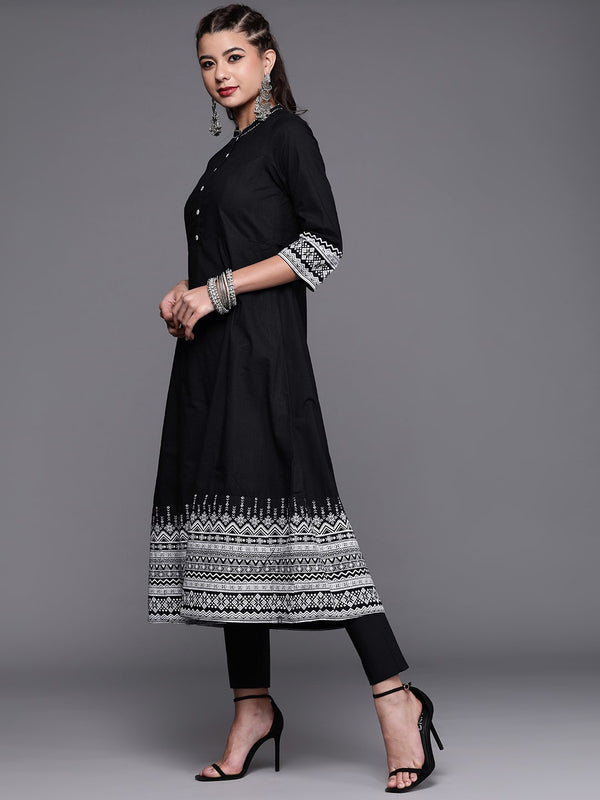 Buy Biba Women Black & White Pure Cotton Solid Kurta With Printed ...