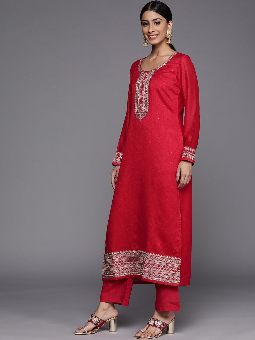 Libas Women Red Ethnic Motifs Yoke Design Kurta with Trousers & With Dupatta