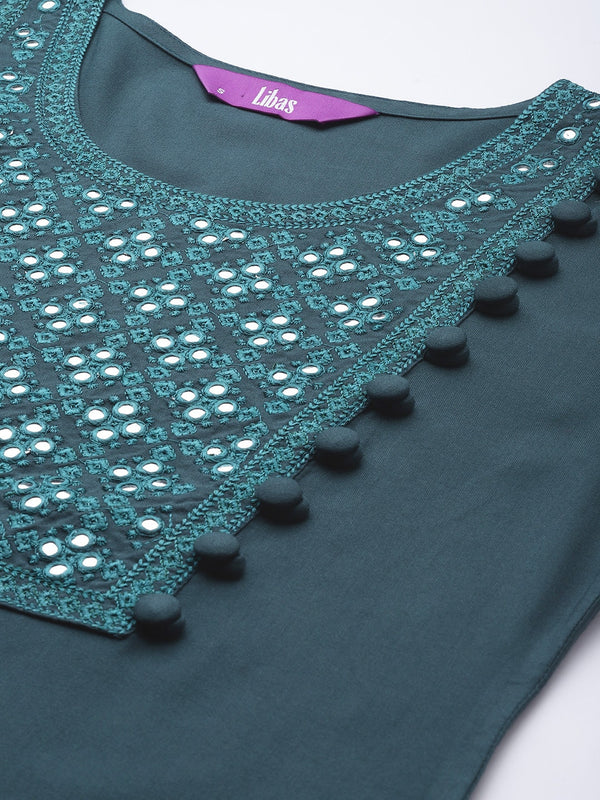 Description Libas Women Teal Green Yoke Design Pure Cotton Mirror Work