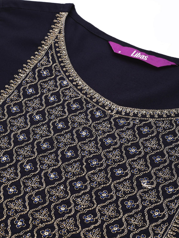 description libas women navy blue golden yoke design kurta product ...