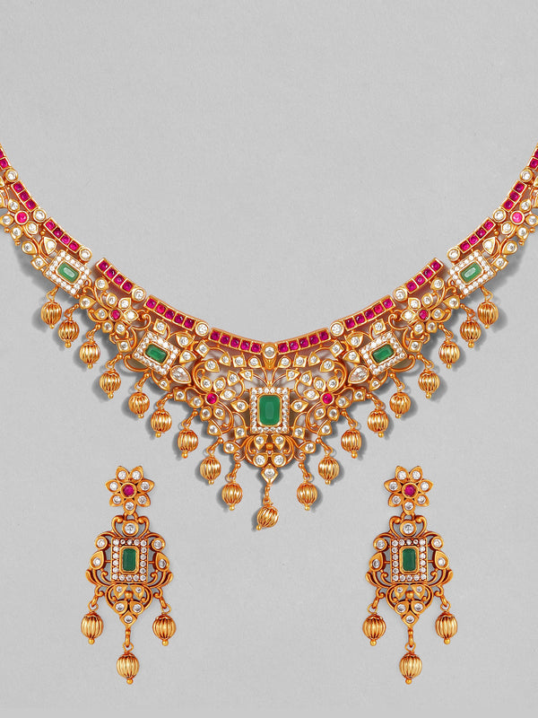 description rubans 22k gold plated white pink faux ruby studded beaded jewellery set product ...