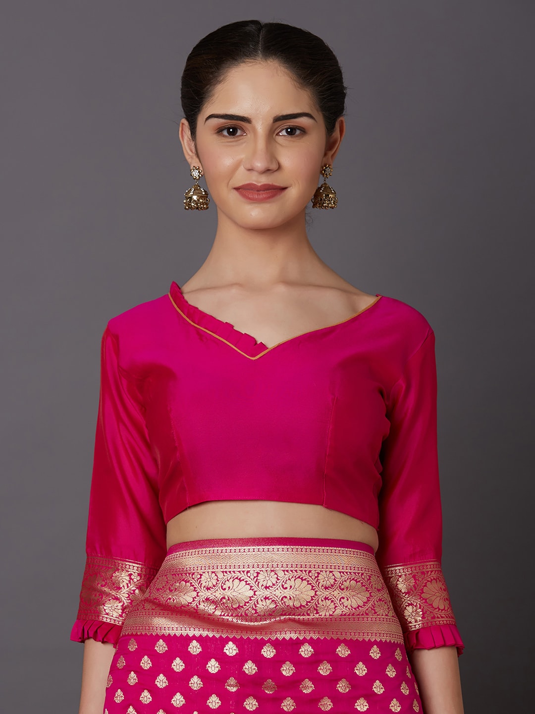 Buy Mitera Pink & Gold-Toned Silk Blend Woven Design Kanjeevaram Saree ...