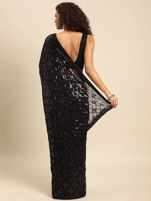 mitera checked embellished sequinned heavy work saree