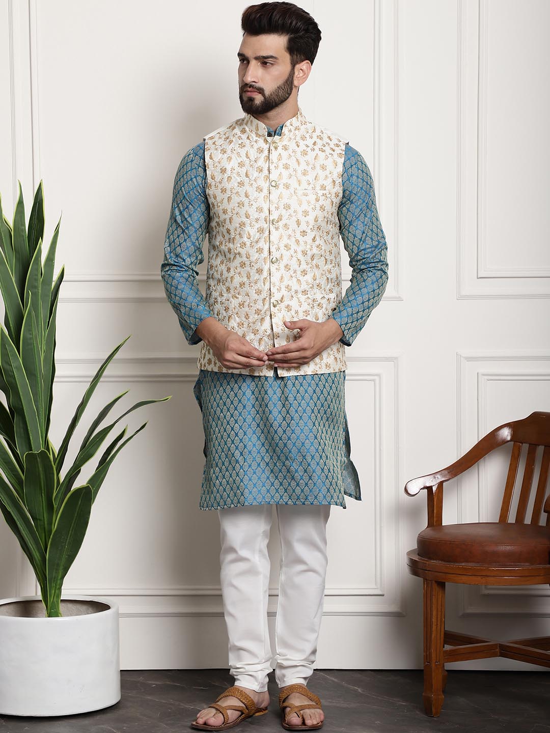 Buy Sojanya Men Blue Ethnic Motifs Kurta with Pyjamas & Nehru Jacket ...