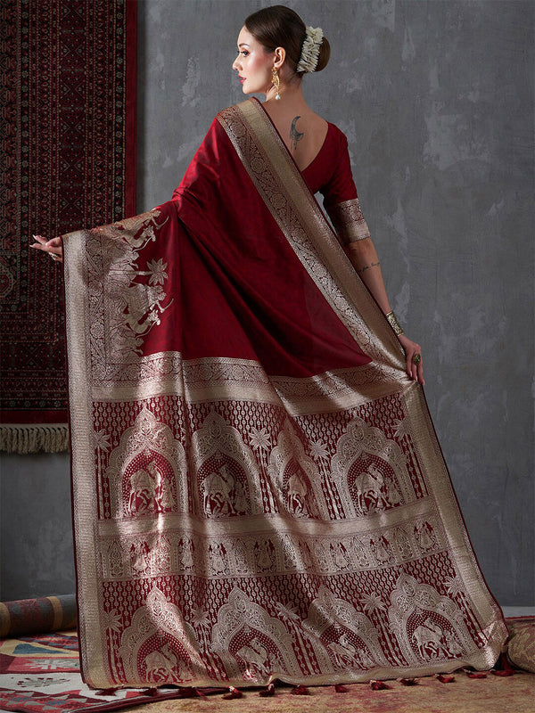Buy Mitera Ethnic Motifs Zari Silk Blend Kanjeevaram Saree Online at ...