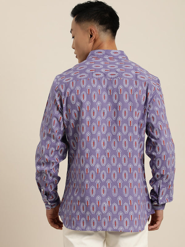 description taavi men purple white printed bagru folk pure cotton ...