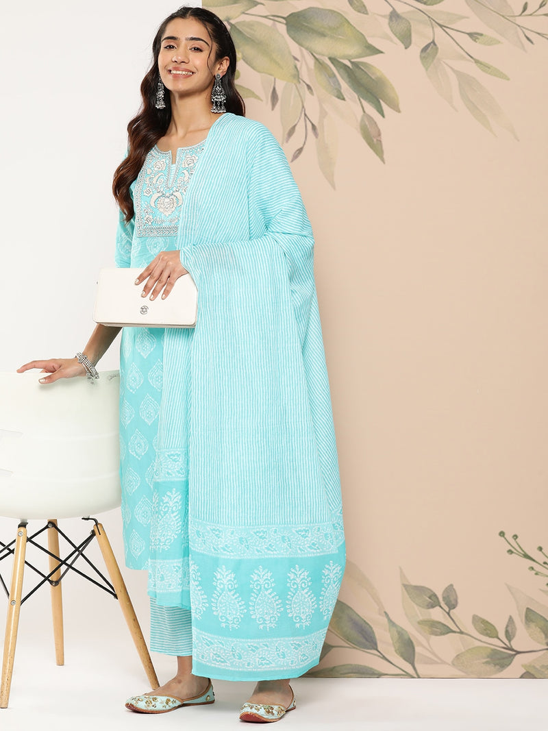 Libas Women Ethnic Motifs Yoke Design Thread Work Pure Cotton Kurta Set
