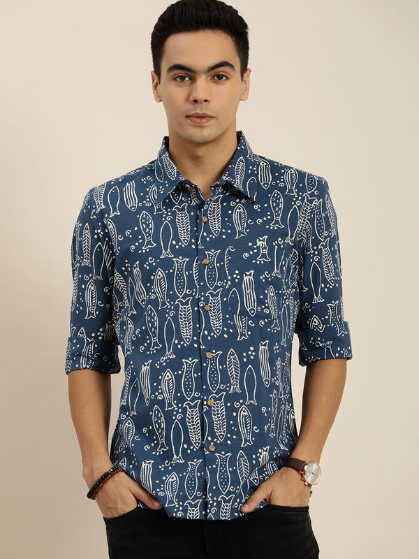 description taavi men blue handblock printed cotton casual shirt ...