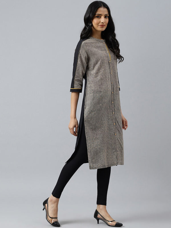 w women beige black striped thread work kurta