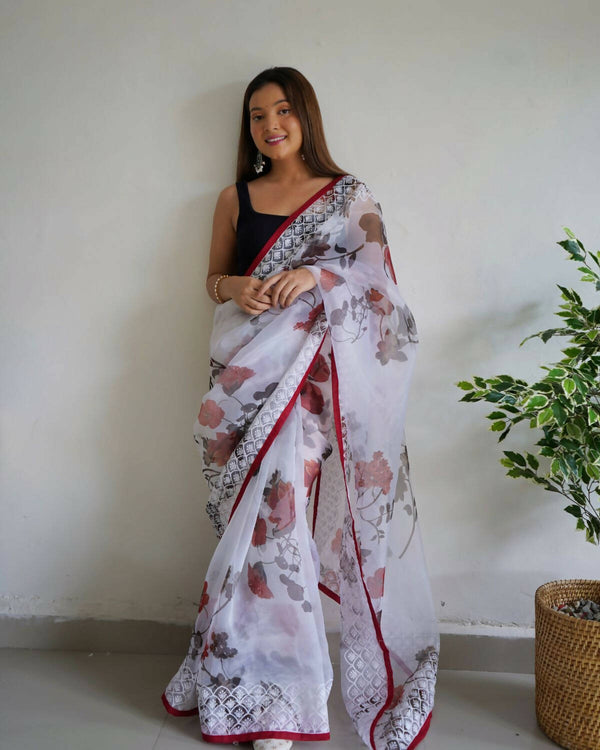 Buy Vamsee White Organza Saree Online At Low Price