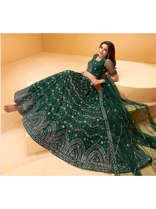 Buy Myra Green Heavy Embroidered net Designer Lehenga Online At Low Price