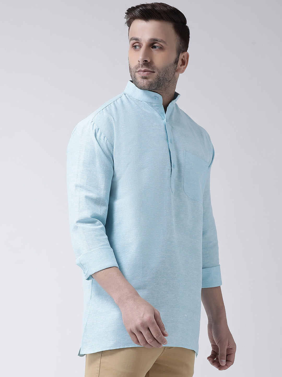 Buy RIAG Light Blue Color Long Sleeves Men's Cotton Short Kurta Online ...
