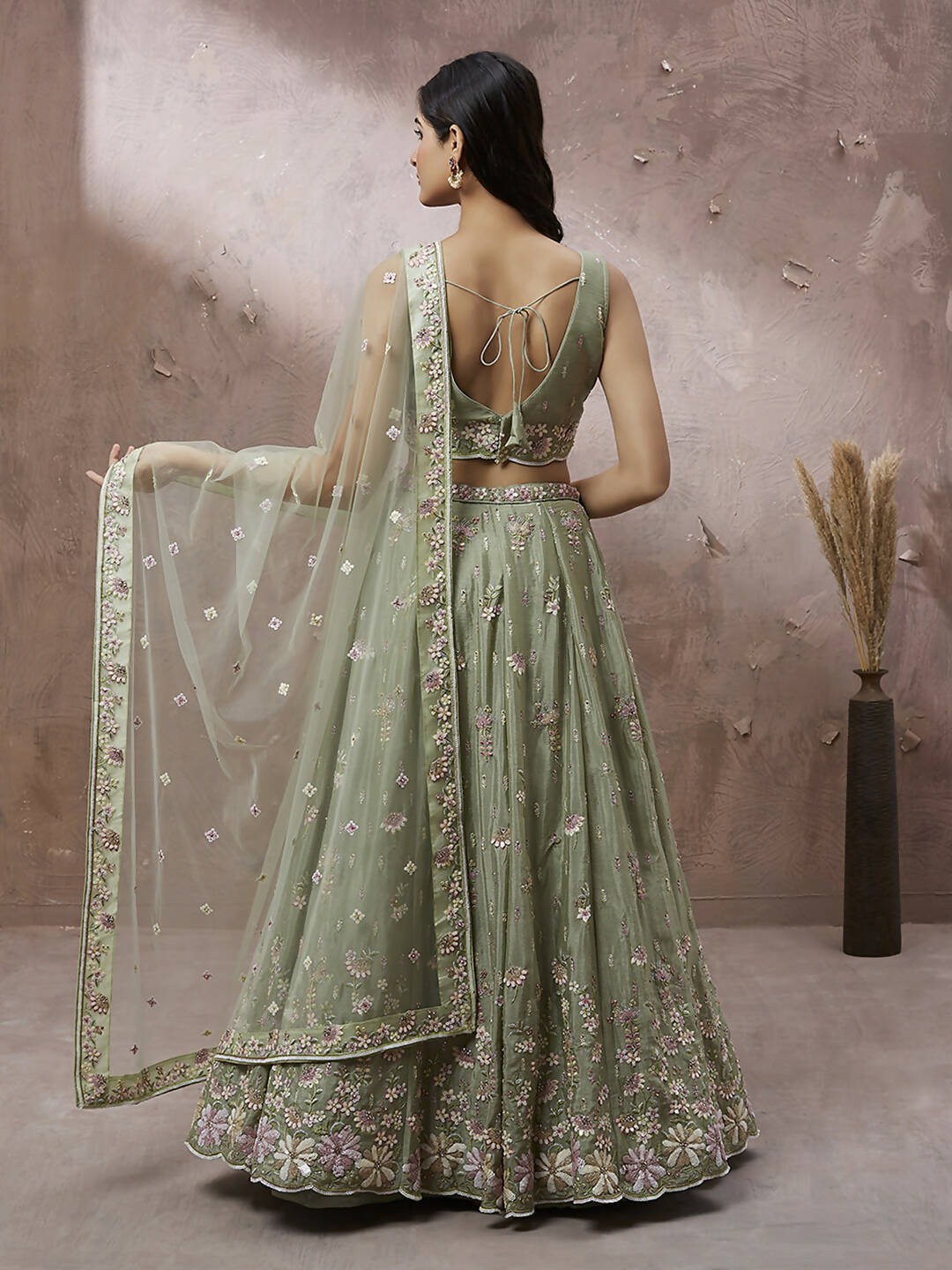 Buy House of Panchhi Lime Green Pure Georgette Sequins with heavy ...