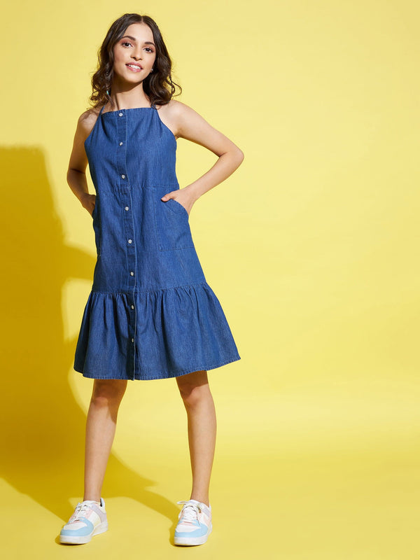 description lyush blue tencel front snap button strappy dress for girls ...