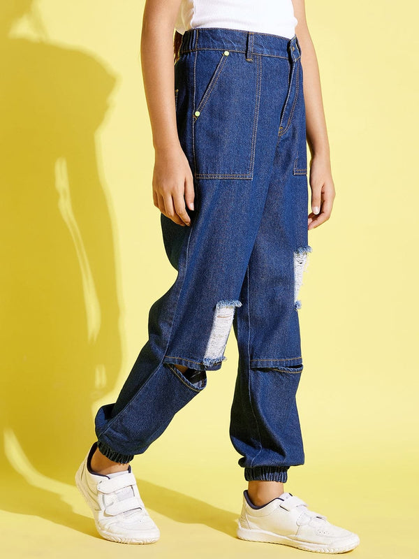 description lyush blue knee slit denim jogger jeans for girls about the ...