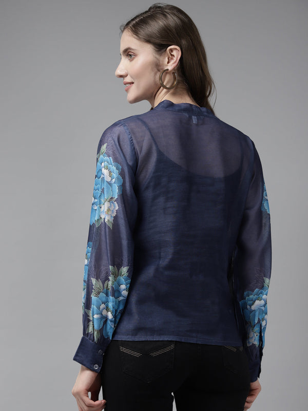 Buy Women's Blue Printed Sleeve Front Open Top - Bhama Online at Best ...
