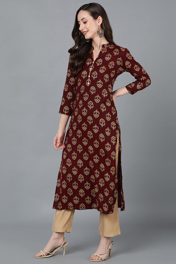 Buy Women's Maroon Silk Blend Straight Kurtas - Rasiya Online at Best ...