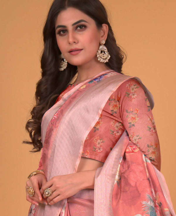 Buy Peach Cotton Silk Floral Printed Saree With Unstitched Blouse Piece ...