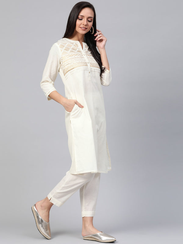 Buy Sangria Women Off-White & Golden Yoke Design Kurta with Trousers ...