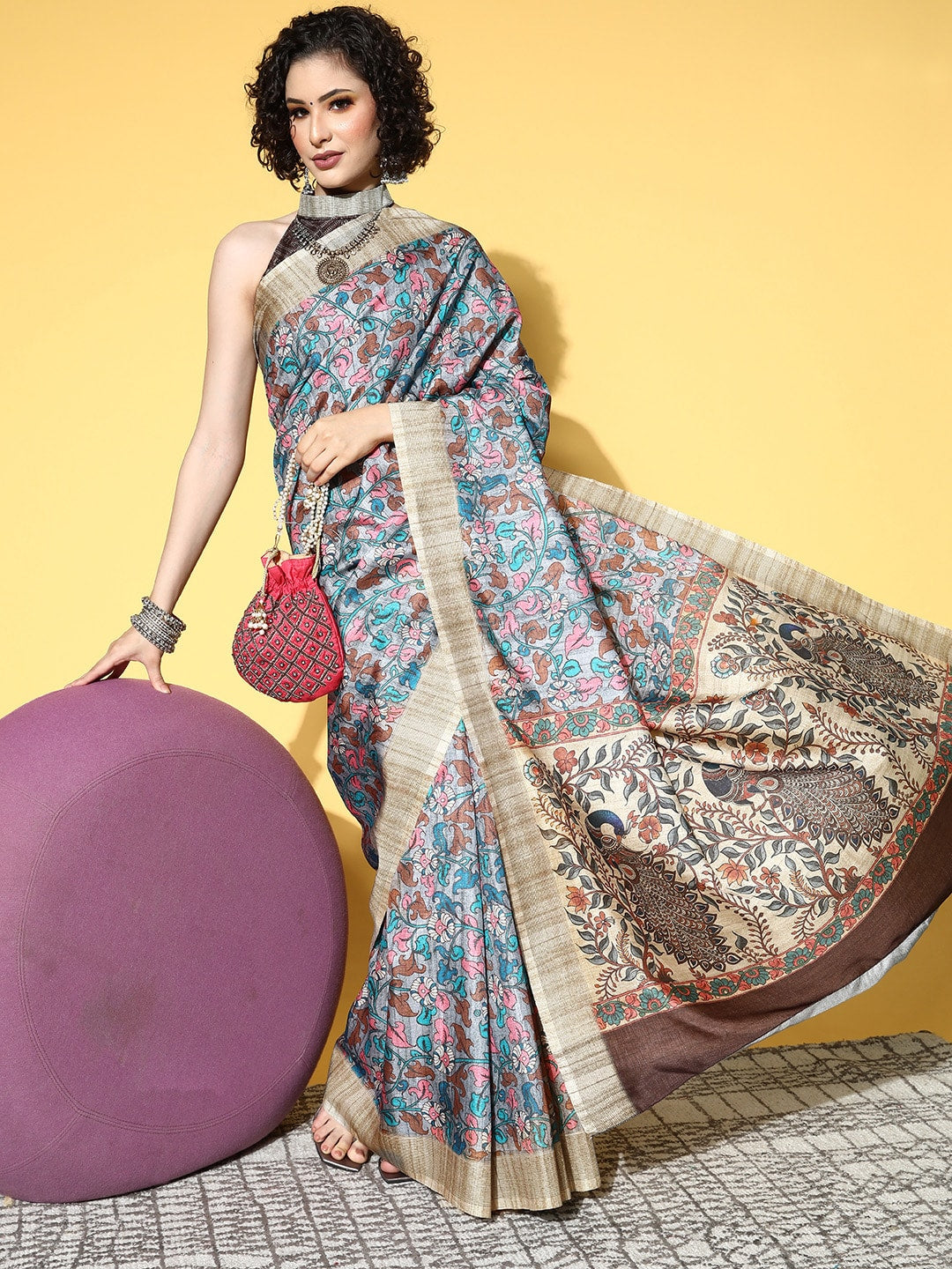 description saree mall kalamkari saree with solid border product ...