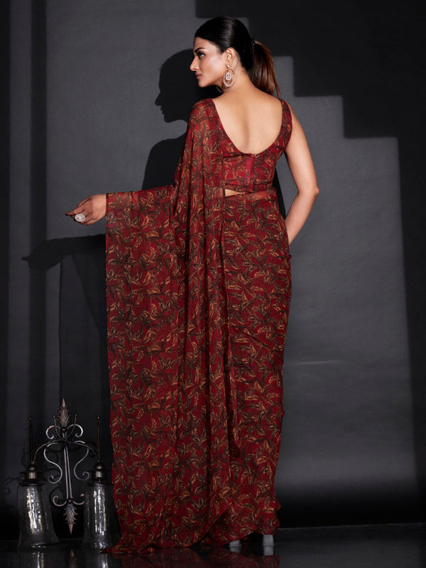 Buy Tikhi Imli Red & Green Floral Printed Poly Georgette Ready To Wear ...