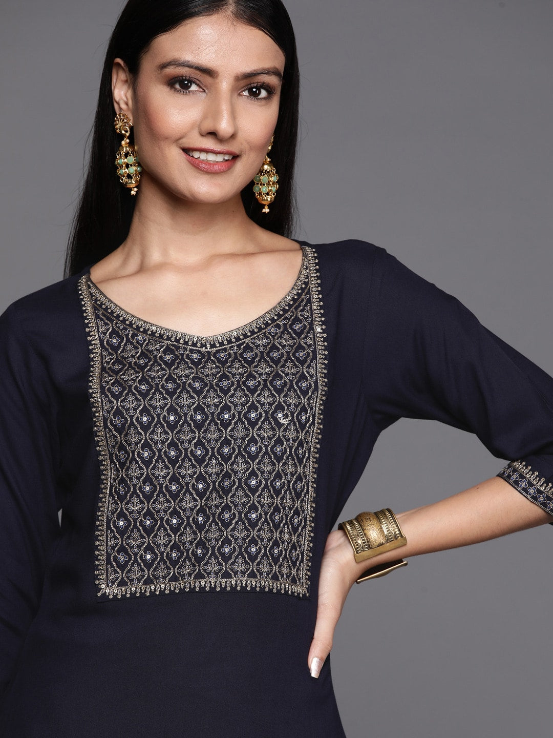 libas women navy blue golden yoke design kurta