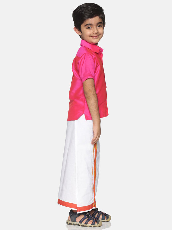 Buy Sethukrishna Pink & White Solid Shirt with Veshti Set For Boys ...