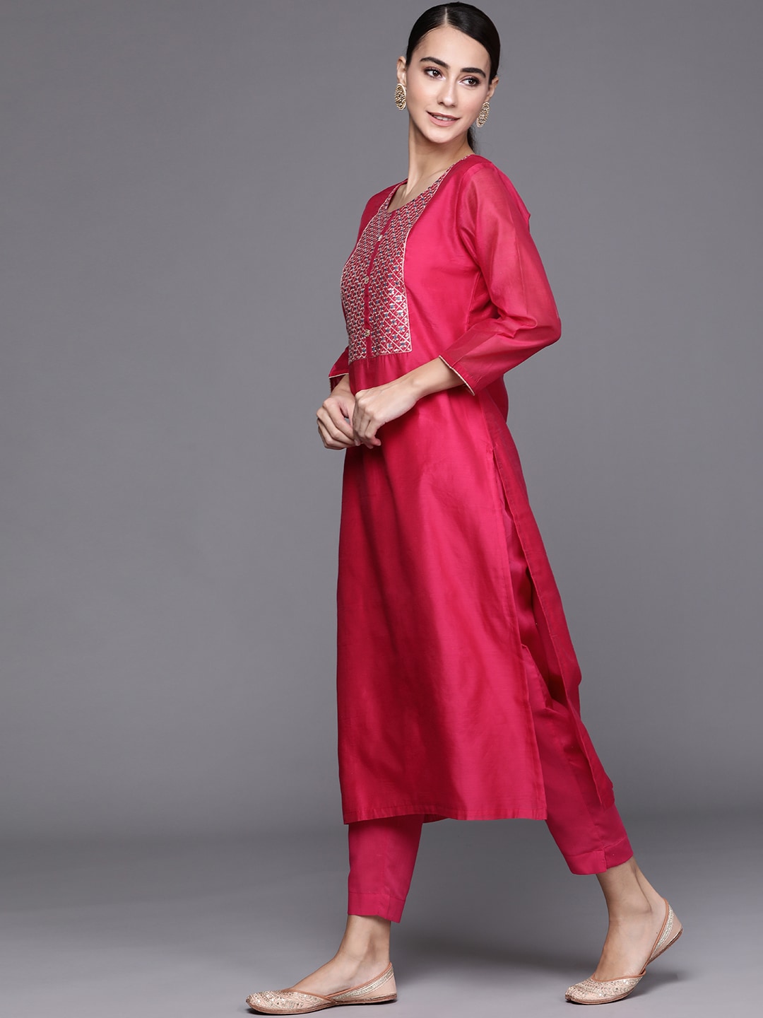 Buy Libas Pink Yoke Design Kurta with Trousers & Dupatta Online at Best ...